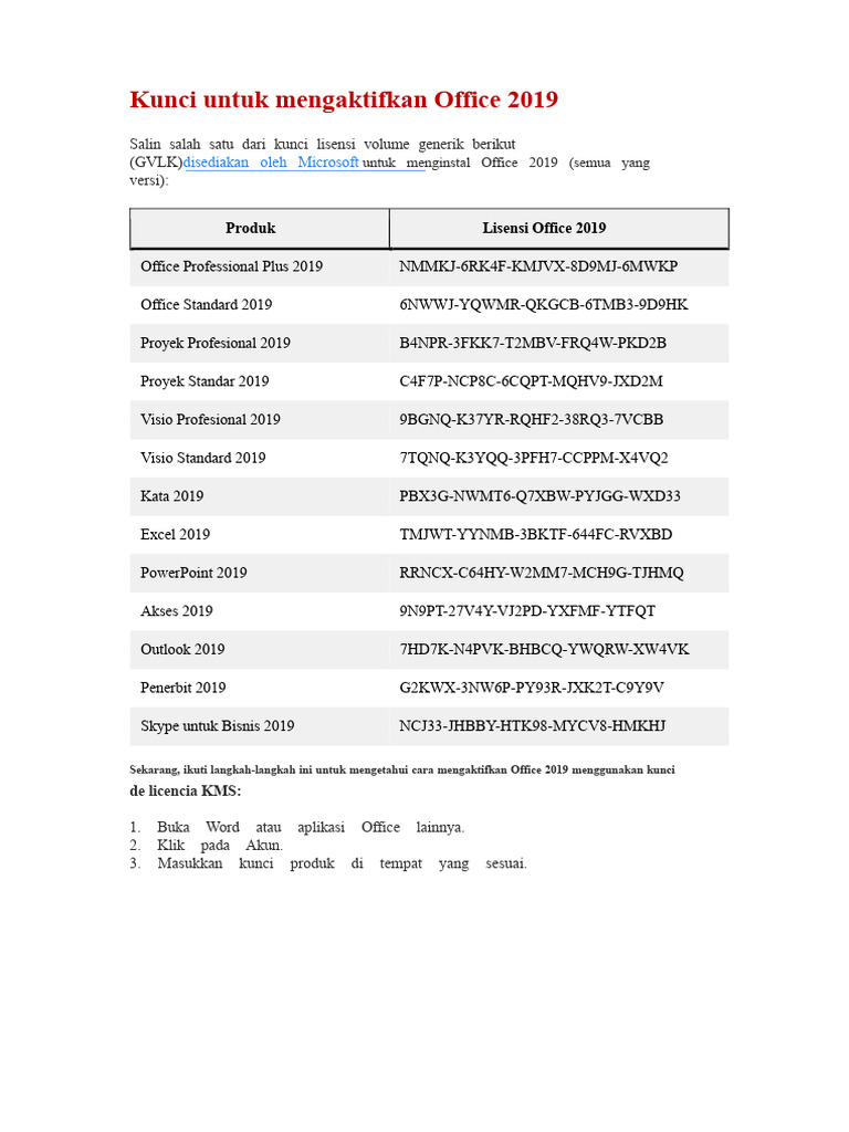 Kunci Untuk Mengaktifkan Office 2019 | PDF