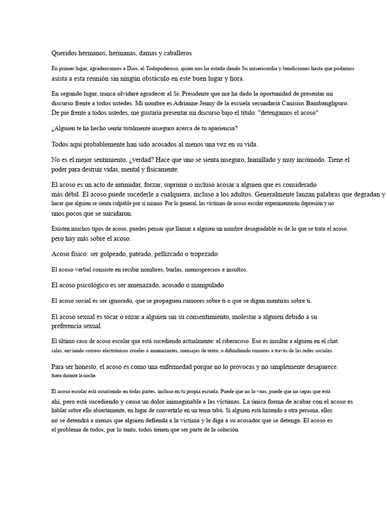 Discurso DETEN LA BULLYING | PDF | Acoso cibernético