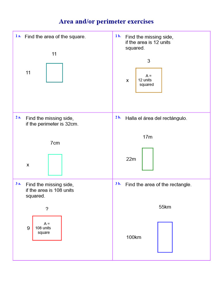 Area and Perimeter Practice Exercises | PDF | Area | Quantity