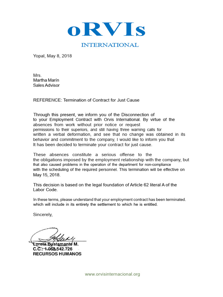 Letter of Termination of Contract For Just Cause-001 | PDF