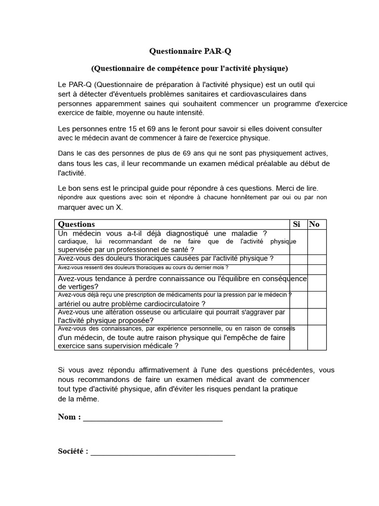 Questionnaire PAR-Q pour l'exercice sécurisé | PDF