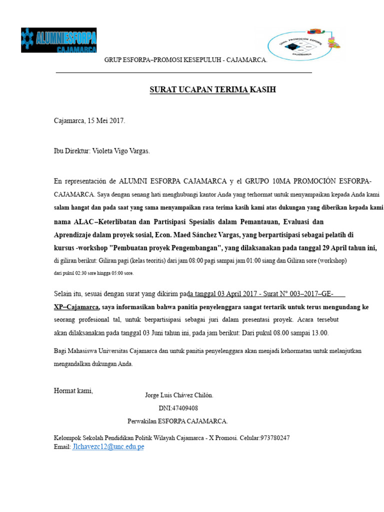 Terima Kasih dari ESFORPA Cajamarca | PDF