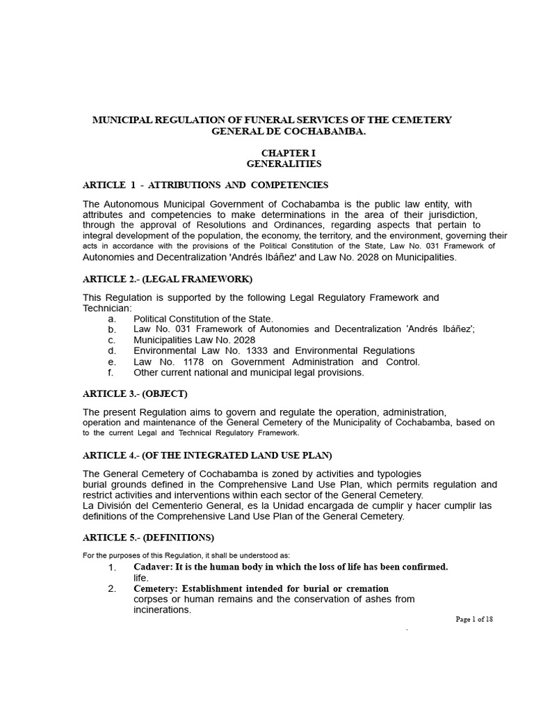 Cochabamba Cemetery Service Regulations | PDF | Burial | Cemetery