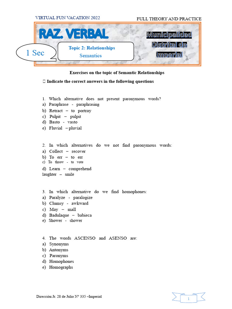 Topic 2 - Verbal Reasoning - Semantic Relations - Exercises | PDF