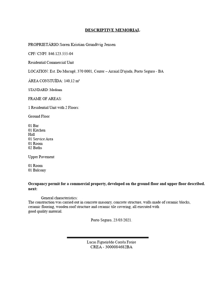 DESCRIPTIVE MEMORANDUM - Occupancy Permit | PDF