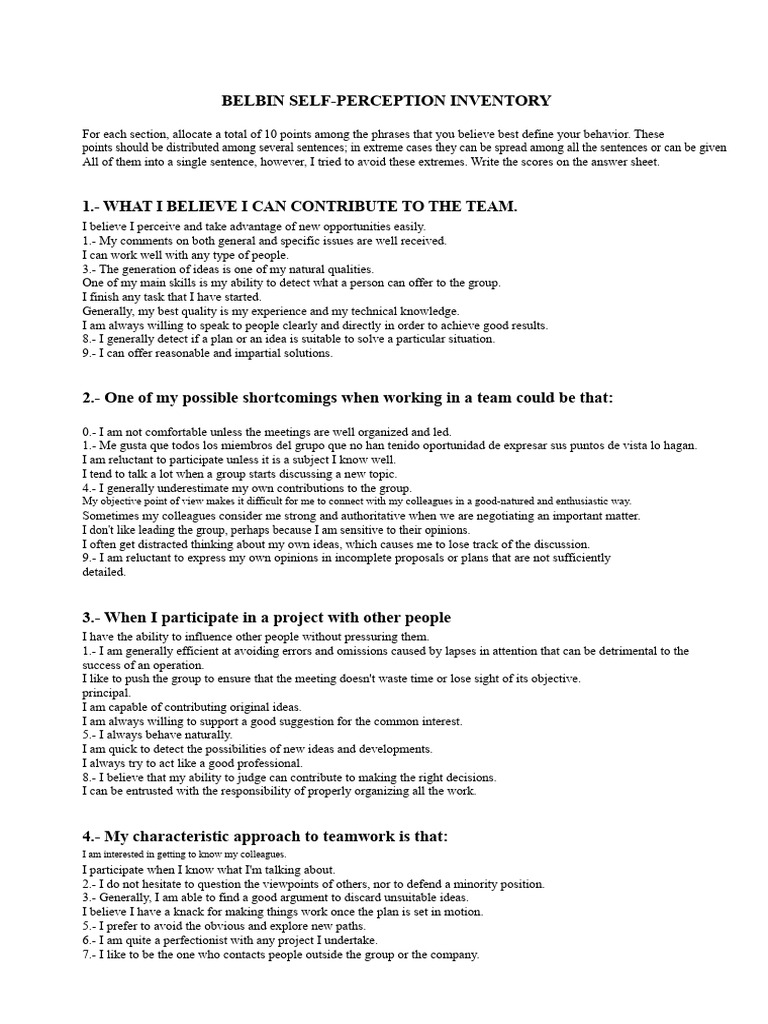 Belbin Self-Perception Inventory Guide | PDF | Psychological Concepts ...
