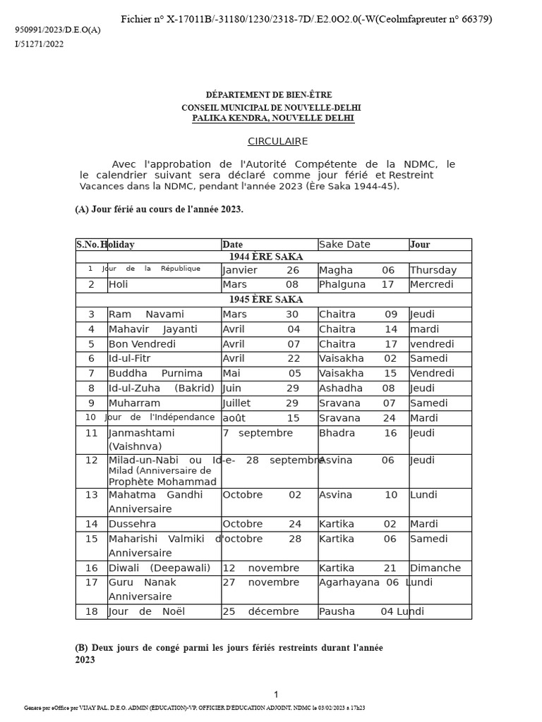 Calendrier des jours fériés 2023 NDMC | PDF | Culte hindou | Jour férié ...