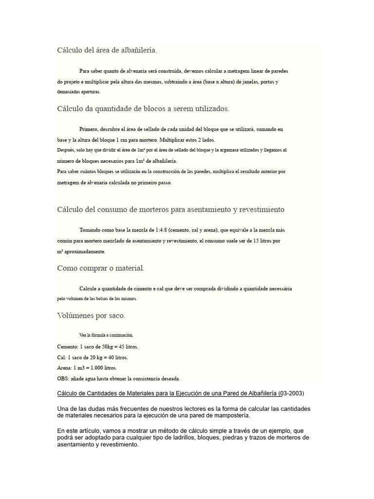 Cálculo de Materiales para Albañilería | PDF | Mortero (Albañilería ...