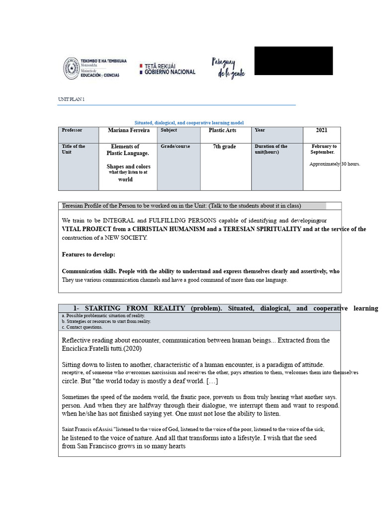 Visual Arts. Unit Plan 1. 7th Grade. 2021. | PDF | Experience ...