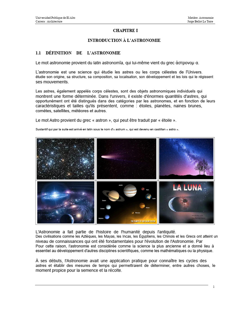 Introduction à l'Astronomie et ses Fondements | PDF