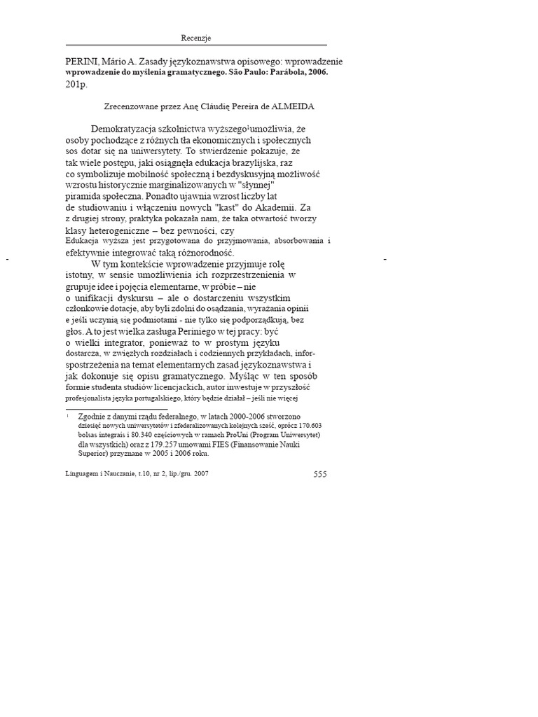 PERINI, Mário A. Zasady Lingwistyki Opisowej - Wprowadzenie Do Myślenia ...