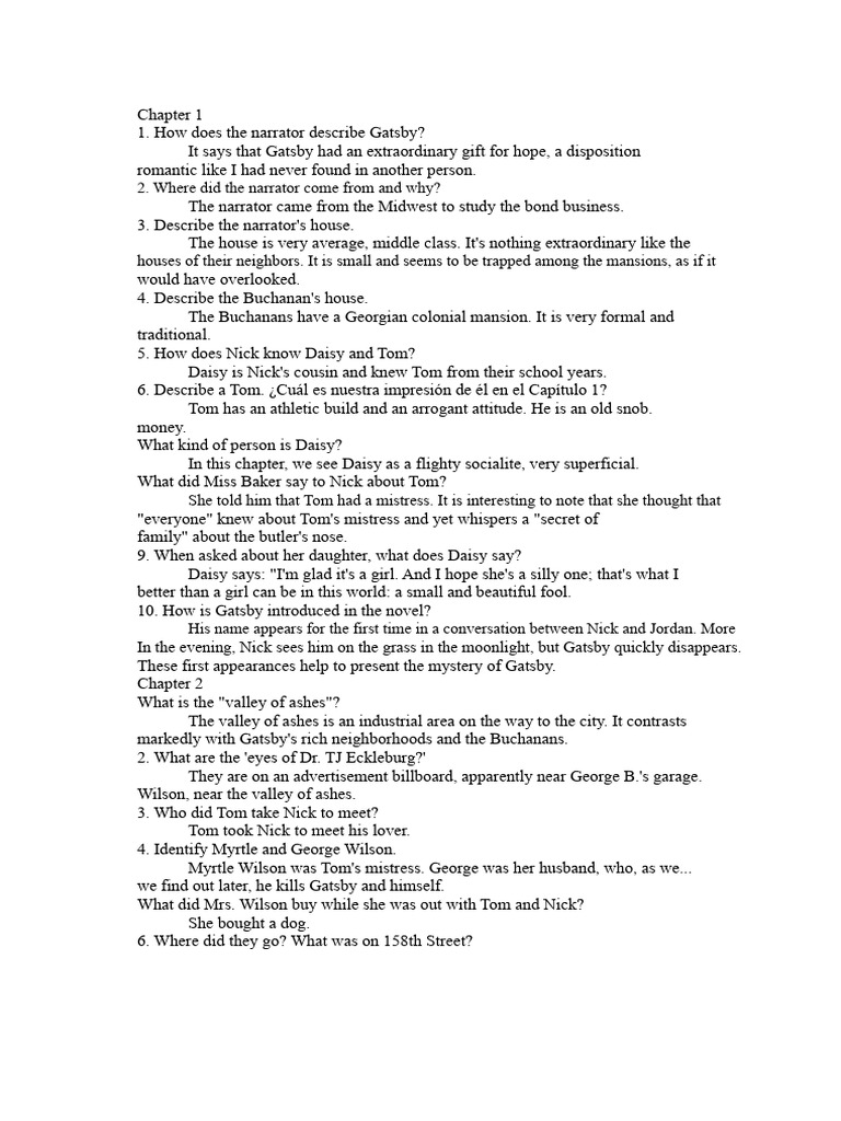 Questions and Answers About The Great Gatsby (Chapters 1-5) | PDF | The ...
