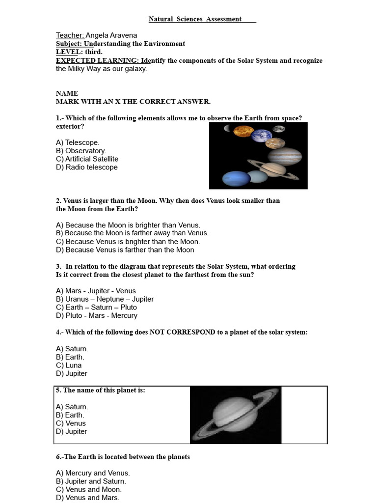 Solar System Assessment for Third Graders | PDF | Planets | Solar System