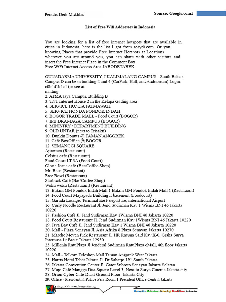 List of Free Wifi Addresses in Indonesia | PDF | Jakarta | Coffeehouse