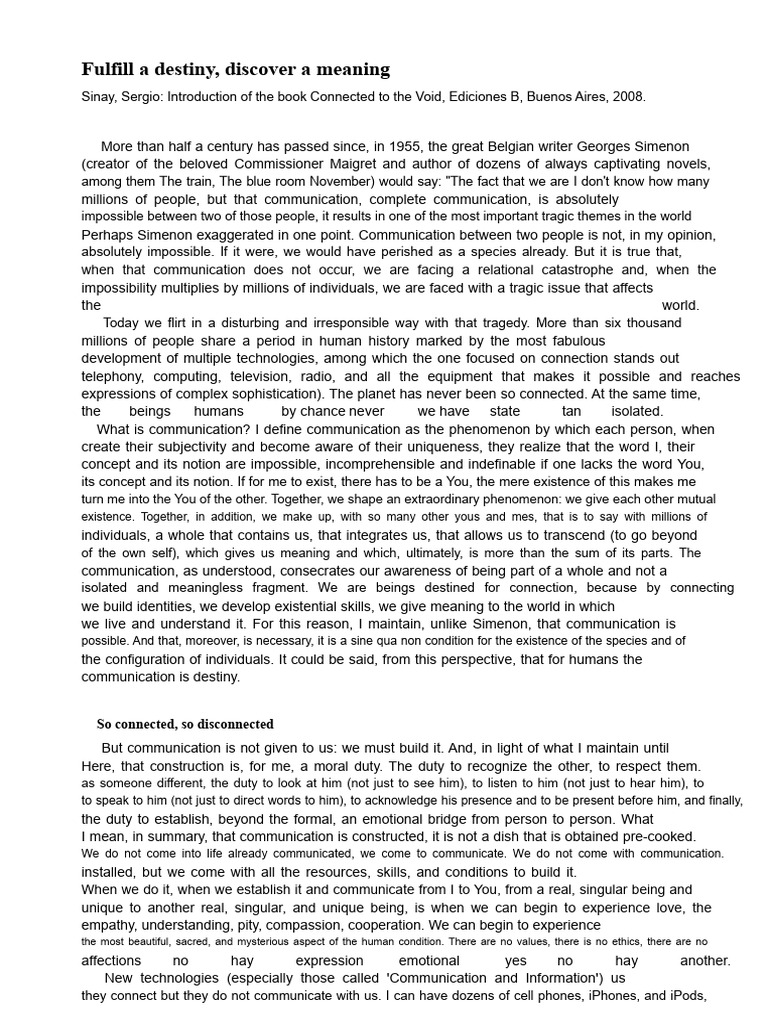 Connected To The Void. Sergio Sinay | PDF | Existence | Communication
