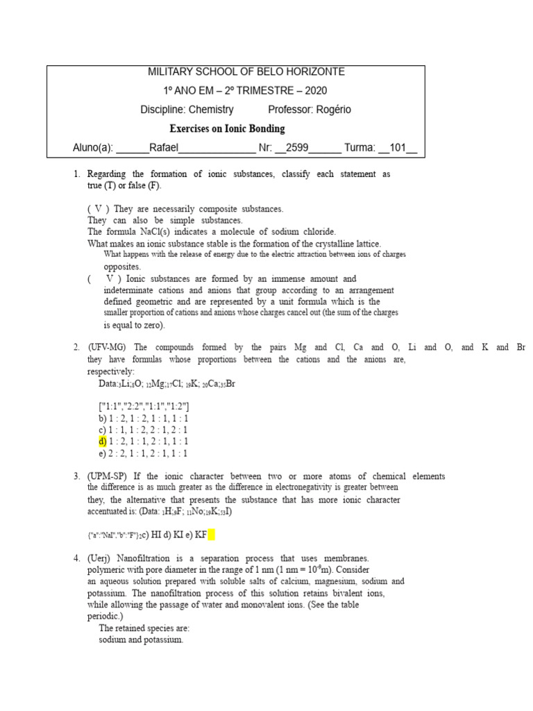 Solved Ionic Bonding Exercises | PDF | Ion | Ionic Bonding