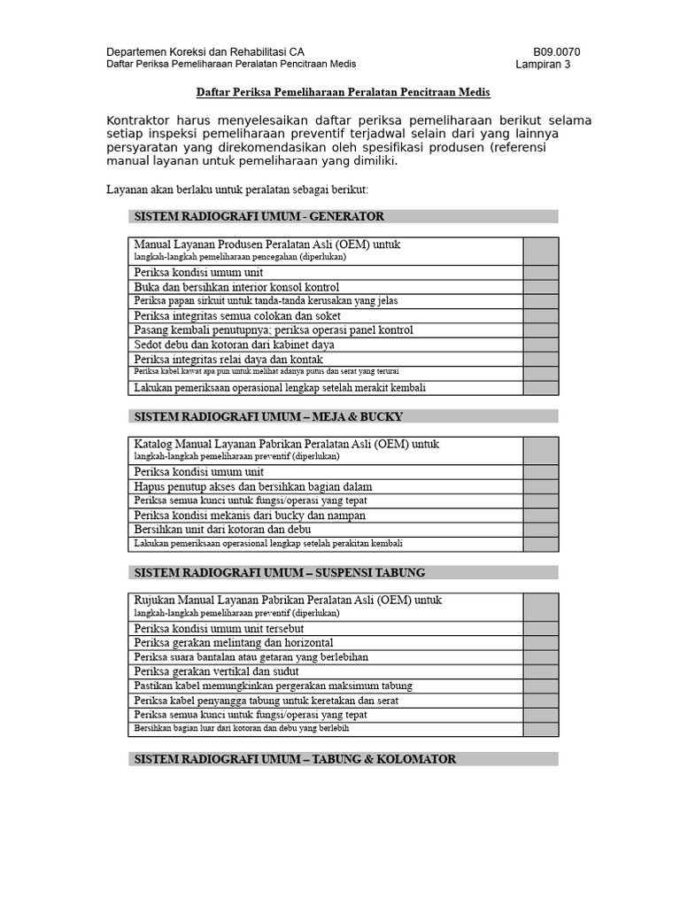 Daftar Periksa Pemeliharaan Pencitraan Medis | PDF