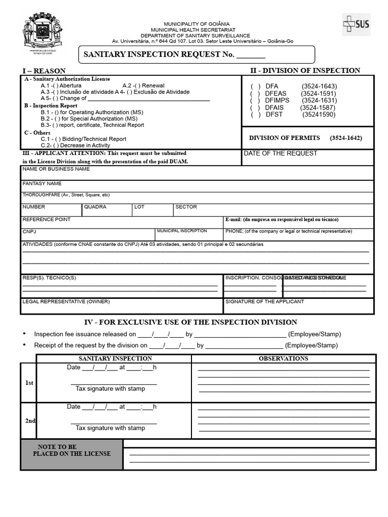 Sanitary Inspection Request | PDF