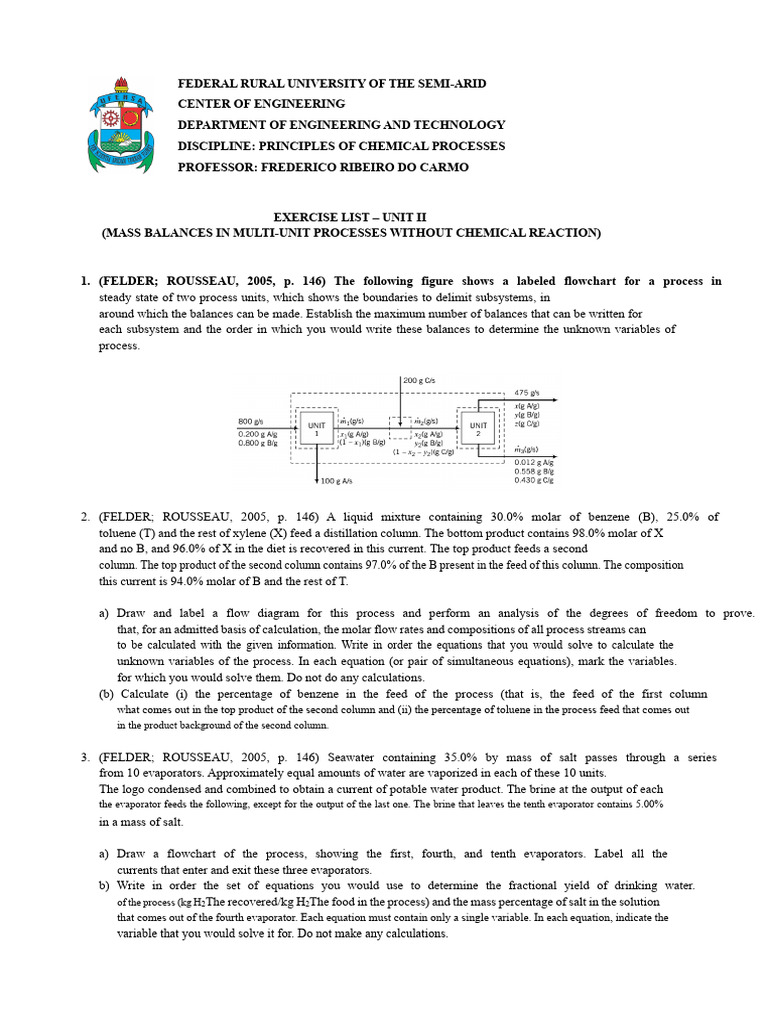 [Exercise List 4] Mass Balances in Processes with Multiple Units | PDF ...