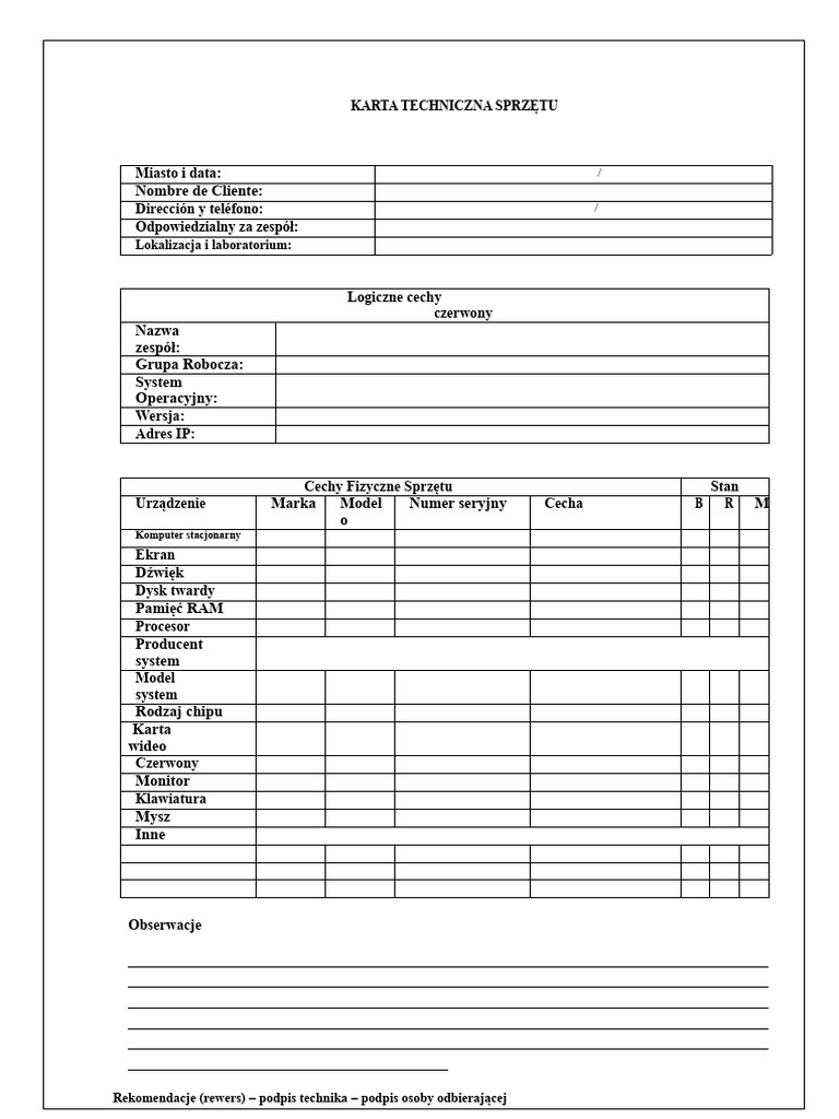 Karta Techniczna Sprzętu | PDF