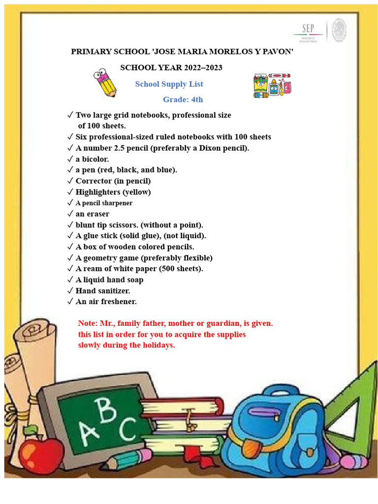 List of School Supplies 4th Grade | PDF