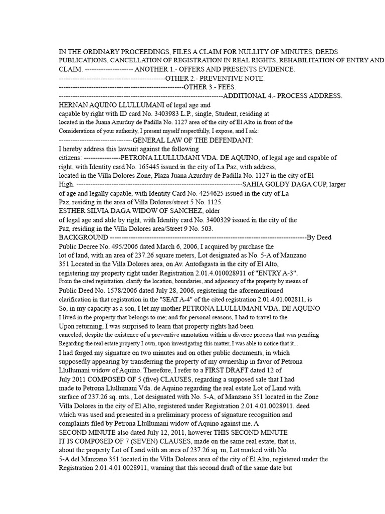 IN THE ORDINARY PROCEEDINGS, FILES A LAWSUIT FOR NULLITY OF MINUTES ...