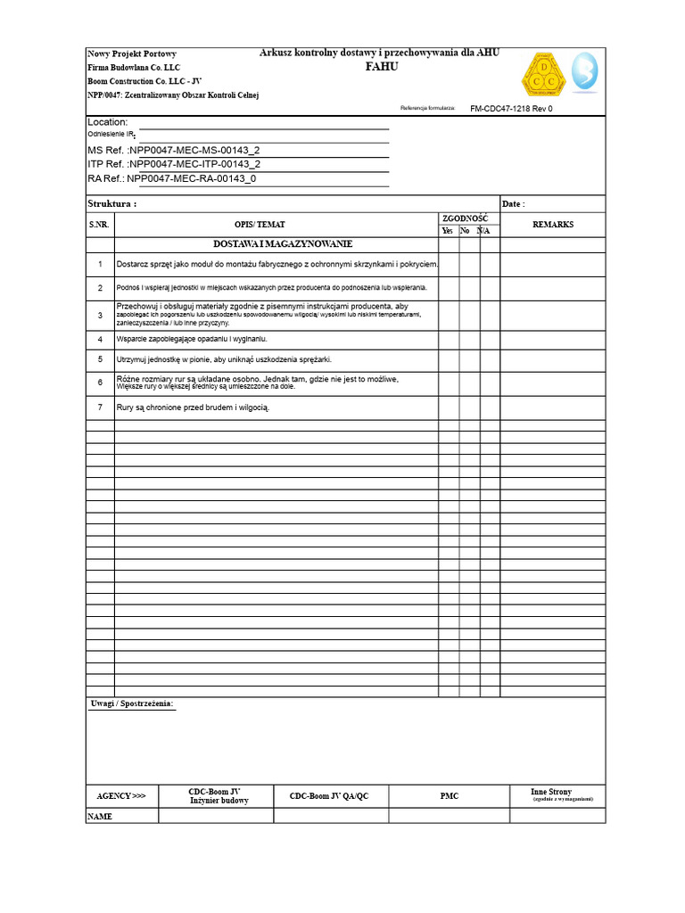 Lista kontrolna dla testowania instalacji i uruchamiania AHU i FAHU Rev ...
