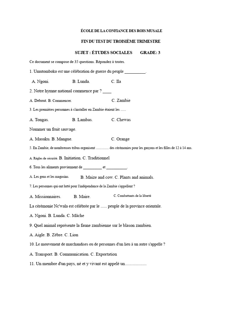 Test d'études sociales - 3e année Zambie | PDF | Zambie