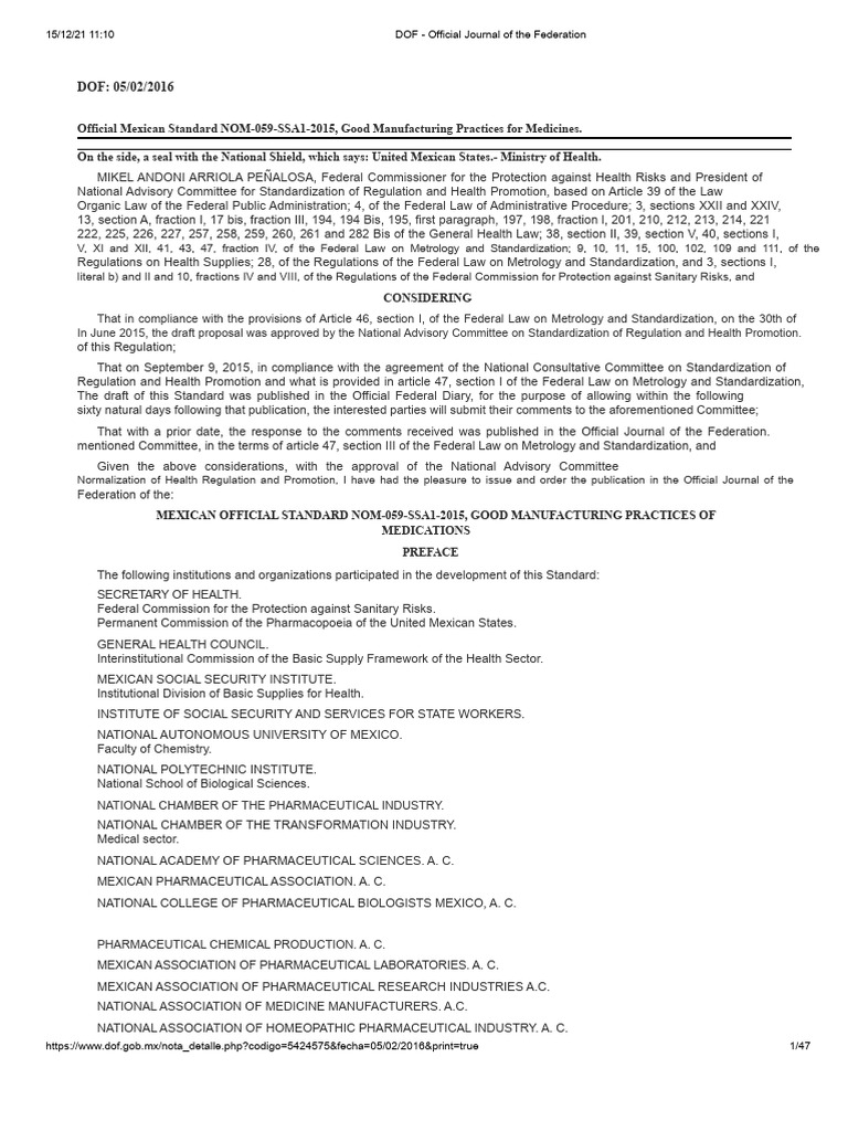 Official Mexican Standard NOM-059-SSA1-2015 | PDF