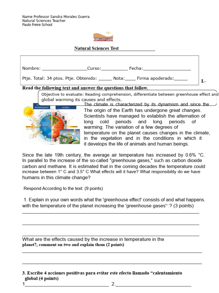 Natural Sciences Test on Climate Change | PDF | Greenhouse Effect | Earth