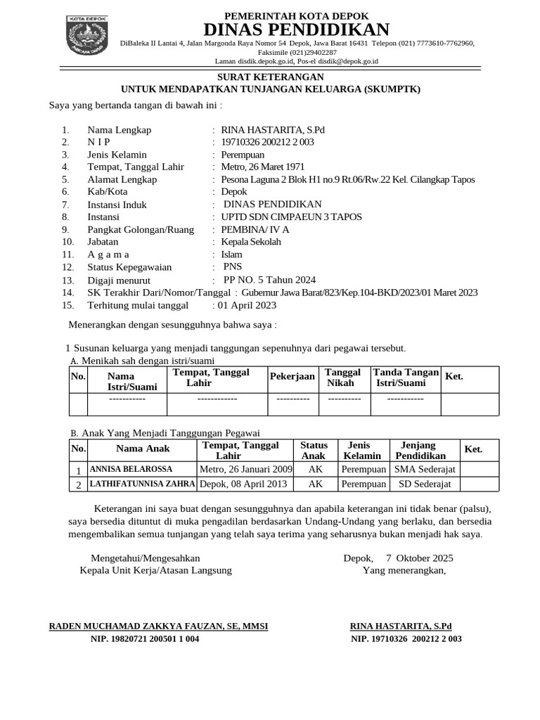 Surat Keterangan Tunjangan Keluarga PNS | PDF