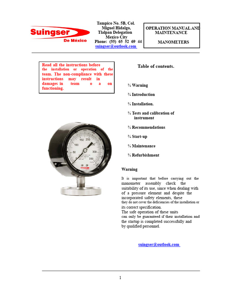 Operation and Maintenance Manual For Pressure Gauges | PDF | Pressure ...