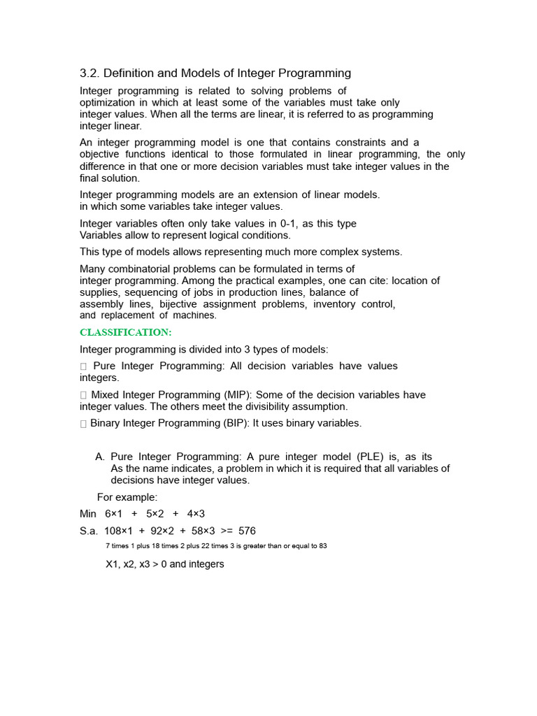3.2. Definition and Models of Integer Programming | PDF | Linear Programming | Mathematics Of ...