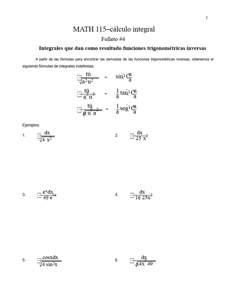 Integrales Que Proporcionan Funciones Trigonométricas Inversas PDF ...