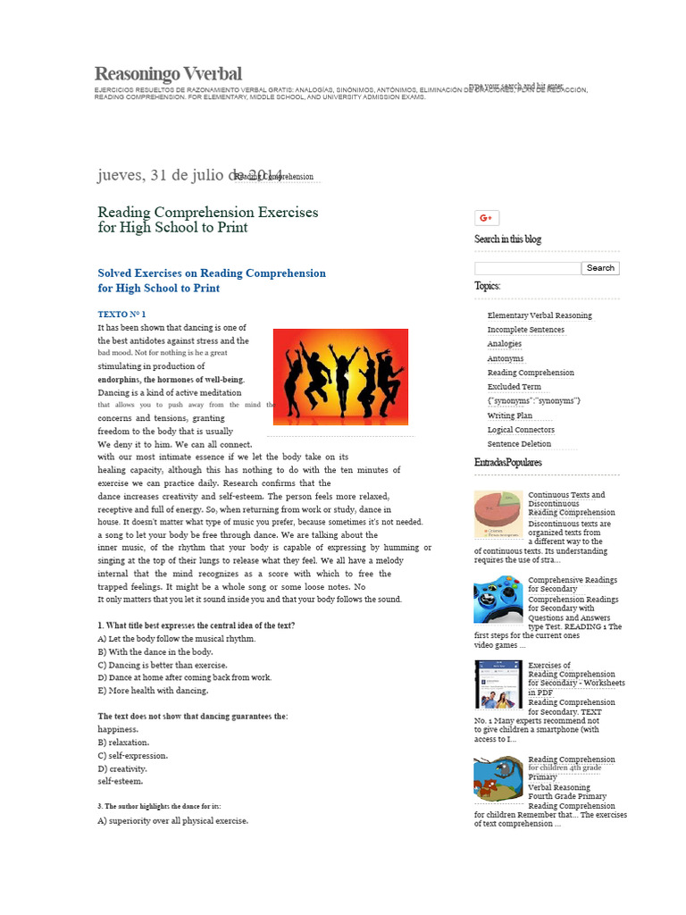 Reading Comprehension Exercises For High School To Print - Verbal ...