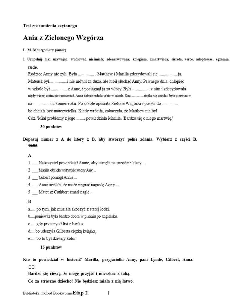 Test Ani Z Zielonego Wzgórza | PDF
