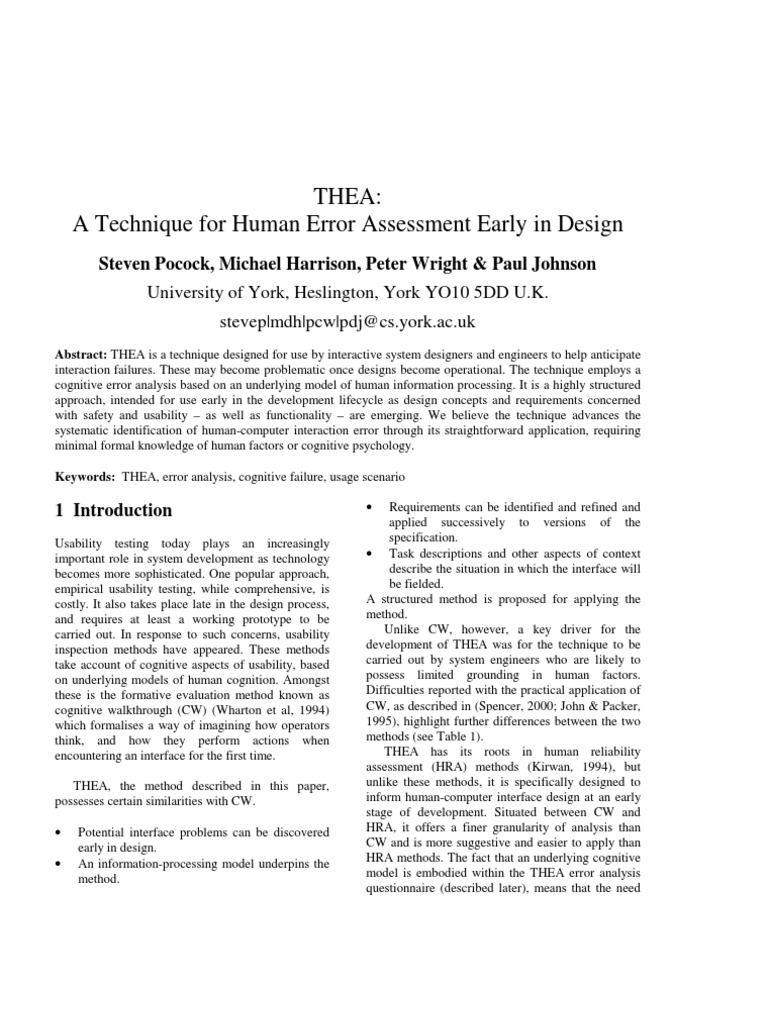 A Technique For Human Error Assessment Early in Design | PDF ...