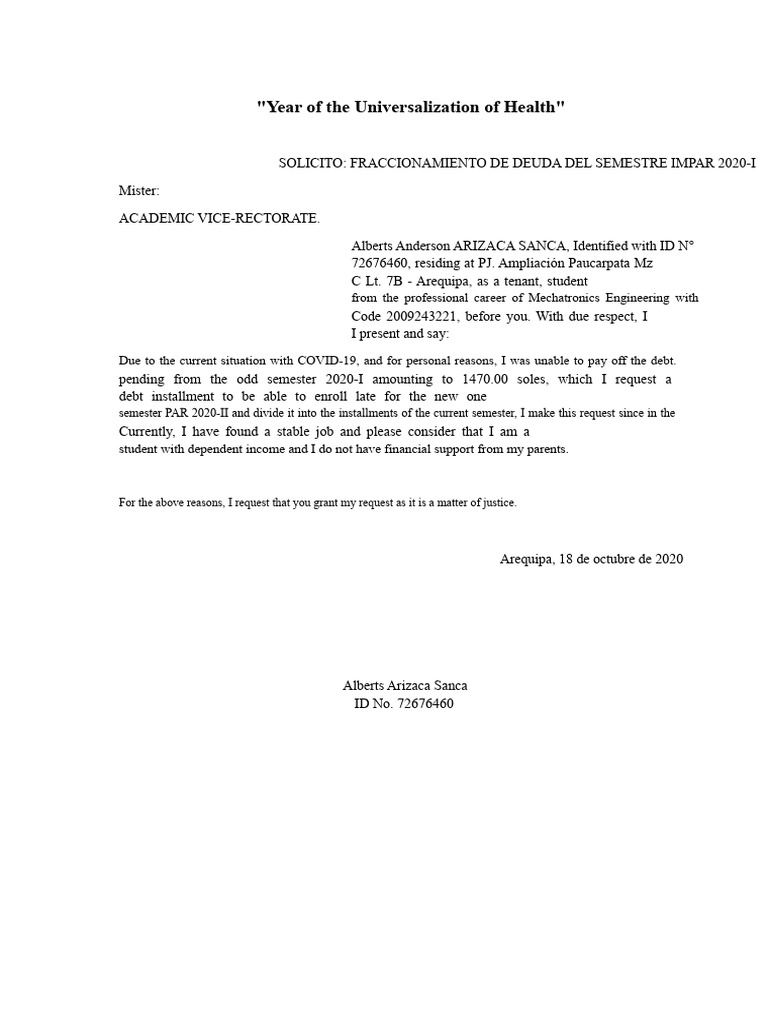 Request For Debt Installment | PDF