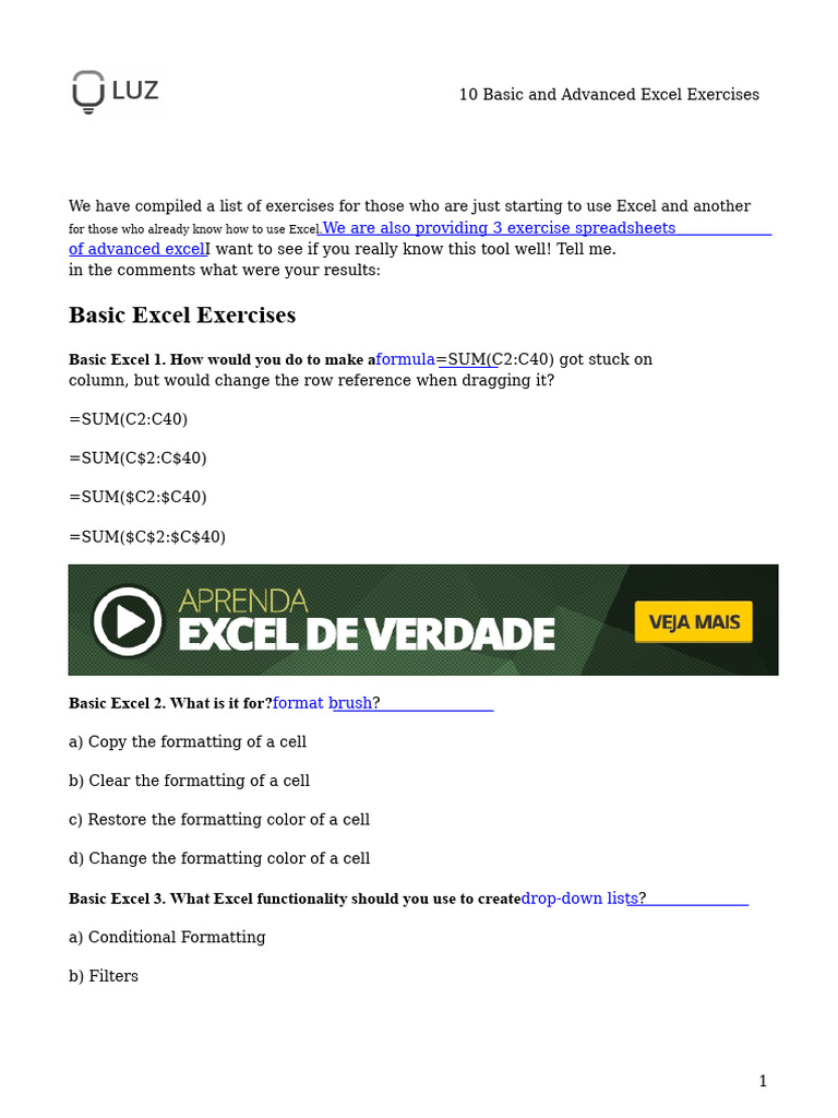 10 Basic and Advanced Excel Exercises | PDF | Microsoft Excel ...