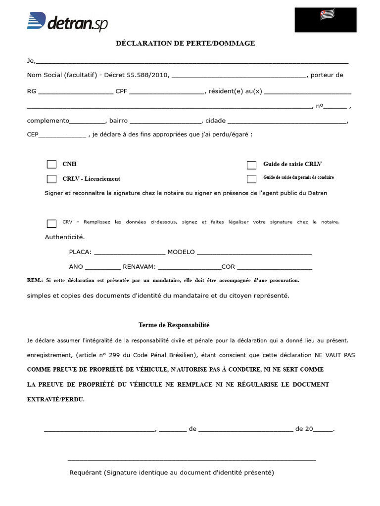 Déclaration de perte de documents véhicules | PDF