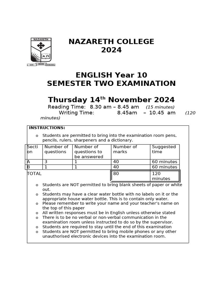 ENGLISH Semester 2 2024 Year 10 Exam (2) | PDF | Cost Of Living ...