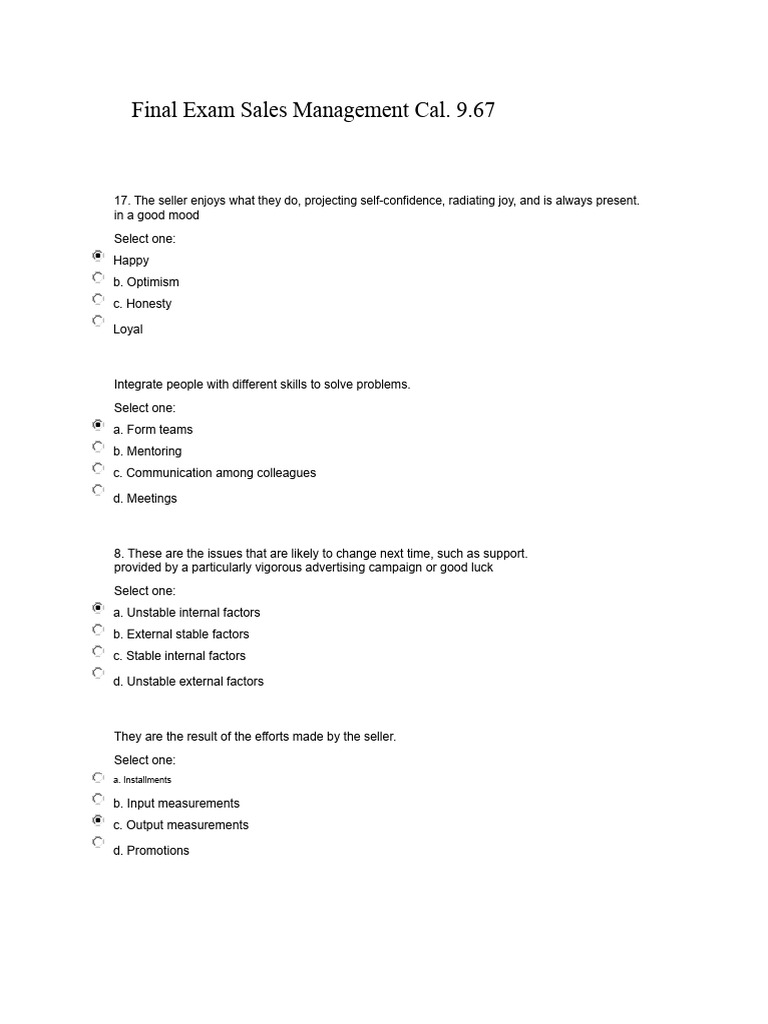 Sales Management Exam Questions Guide | PDF | Sales | Performance Appraisal