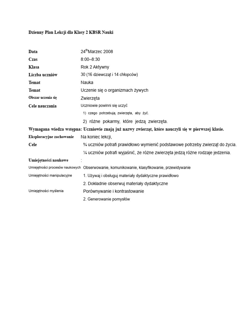 Codzienny Plan Lekcji Dla Klasy 2 KBSR - Nauki Przyrodnicze | PDF