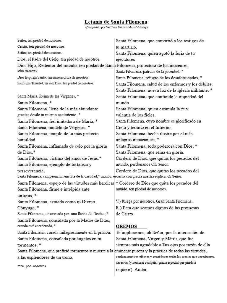 Letanía de Santa Filomena | PDF | María, madre de Jesús | Intercesión