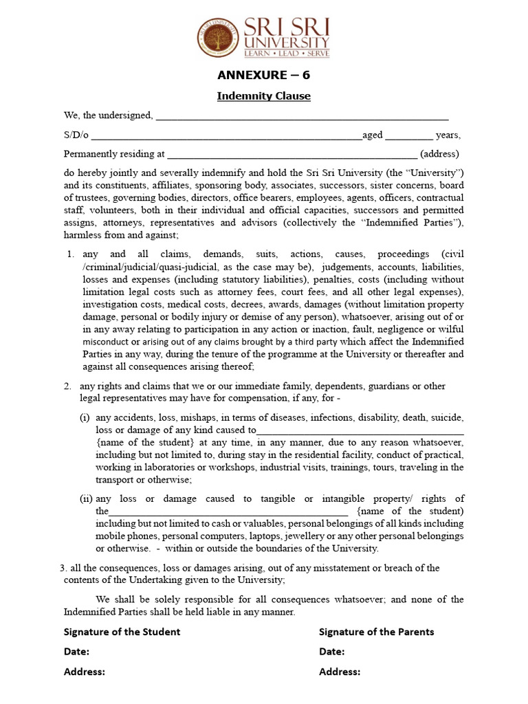A6- Indemnity Clause - Undertaking | PDF | Indemnity | Common Law