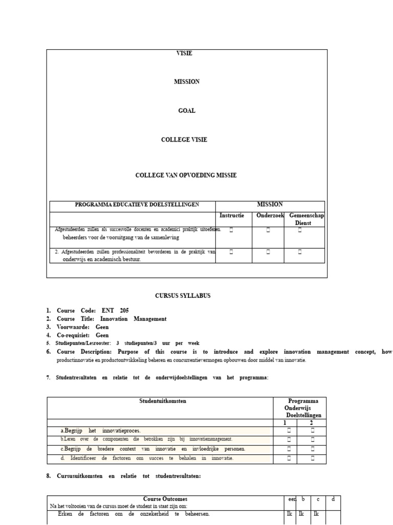 OBE Leerplan Innovatiemanagement San Francisco College | PDF