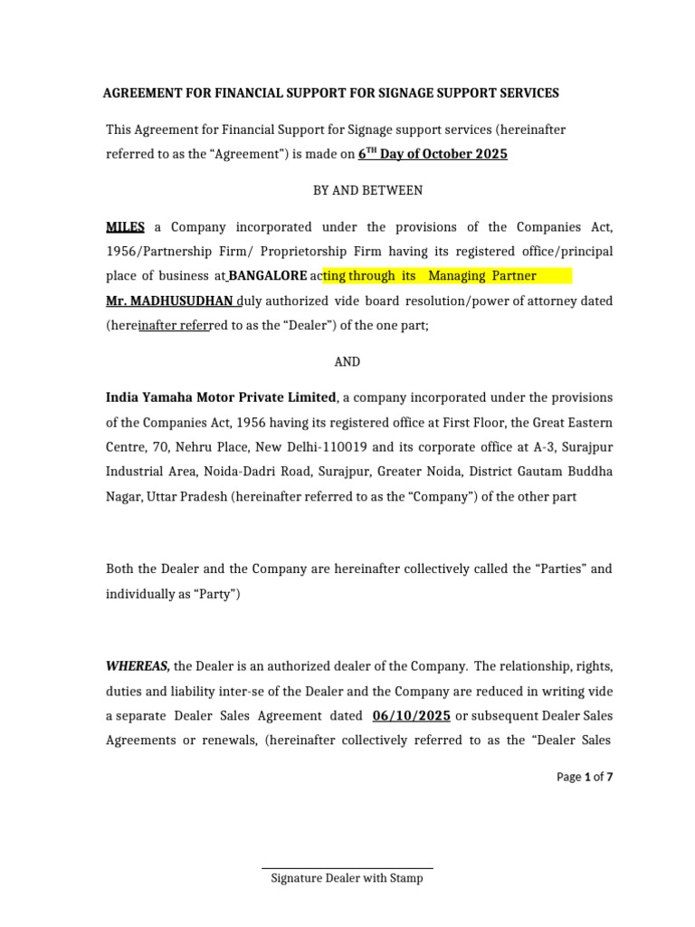 Yamaha Dealer Signage Support Agreement | PDF | Private Law | Business Law