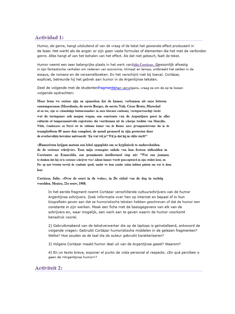 De Humor - Activiteiten Over Cortázar | PDF