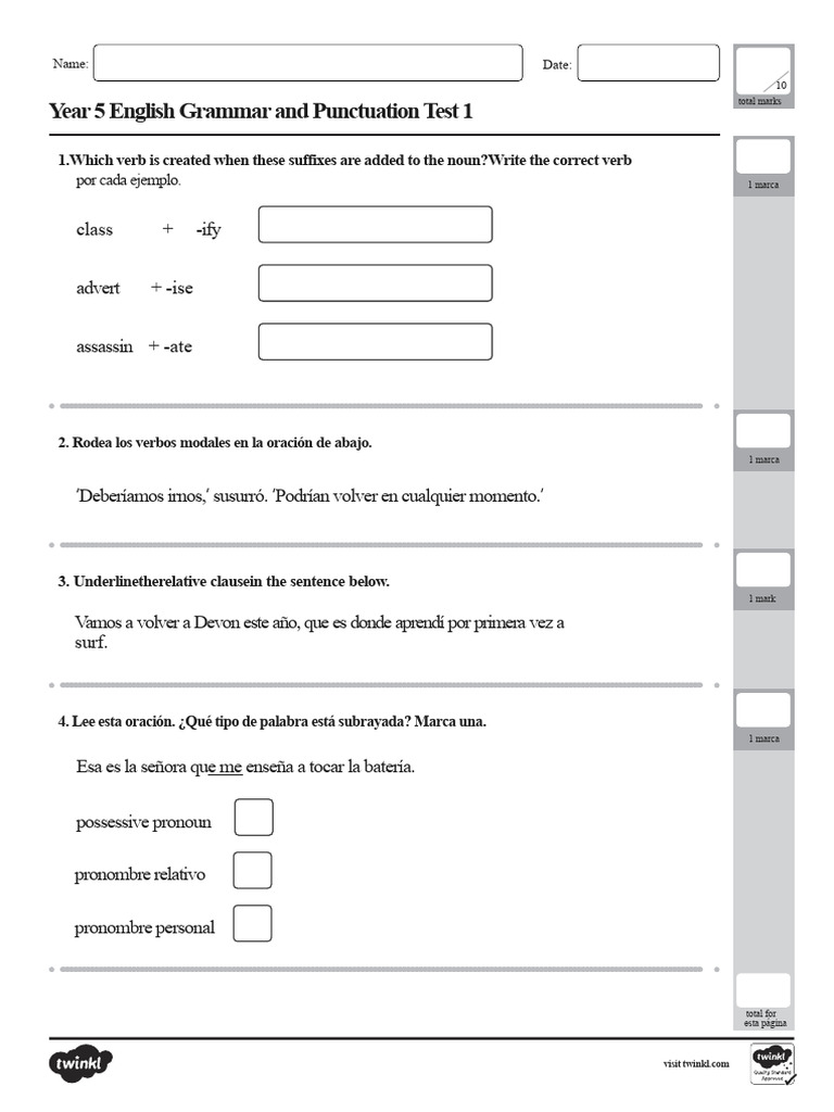 AÑO 5 TÍTULO - Prueba de Gramática y Puntuación en Inglés 1 | PDF ...
