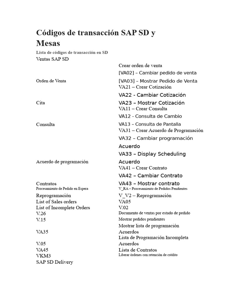 Códigos de Transacción y Tablas de SAP SD | PDF | Entrega (Comercio ...
